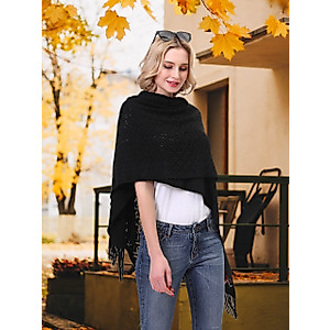 Knit Shawl Wrap for Women - Soul Young Ladies Fringe Knitted Poncho Blanket Cardigan Cape(One Size,Black)