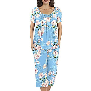 POPYOUNG Women's Pajamas Sets, Summer Short Sleeves Tunic Top with Comfy Capri Pants, Lounge Sleepwear 2 piece Ladies Pjs Sets with Pockets L, Floral Blue