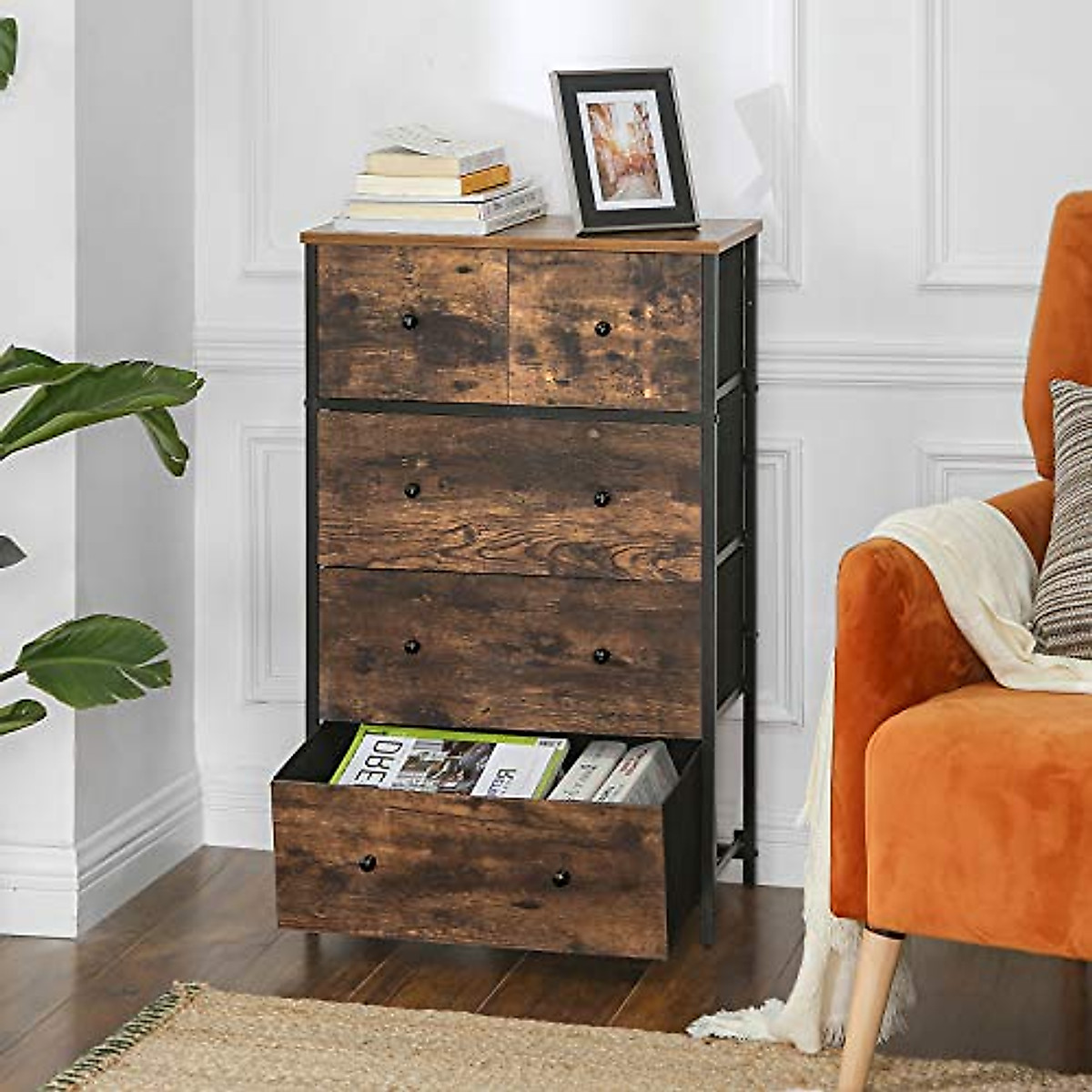 SONGMICS Drawer Dresser, Storage Dresser Tower with 5 Fabric Drawers, Wooden Front and Top,5 Drawers Style Dresser Unit, for Living Room, Hallway, Nursery, Brown and Black ULGS45H