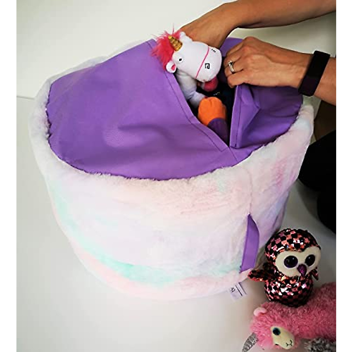 MiniOwls Plush Toy Storage Solution (Cover, Unfilled) - Rainbow Furry Bean Bag - Soft Teddy Faux Fur Organizer with a Zipper. Pouf 20x20x15 Contemporary Accent Ottoman (Unicorn, Medium)