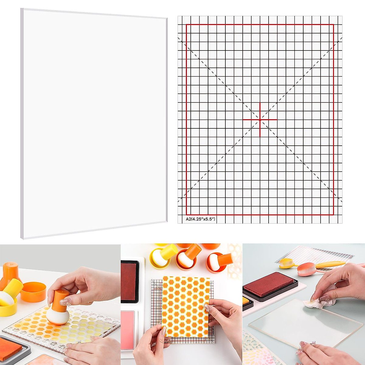 Briartw 4.75x6 Grip Mat with Printed Guides,Multi-Use Non-Slip Sticky Mats Fit in Mini-size Stamp Positioning Tool,Photopolymer Mat for Centering & Aligning Tape-free Stenciling Ink Blending