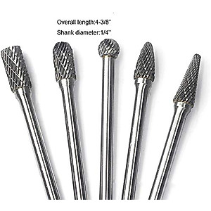 Carbide Burrs Set 5pcs JESTUOUS 1/4 Inch Shank Diameter Extended Long Double Cut edge Solid Tungsten Carbide Burr Rotery File for Die Grinder Bits Drilling