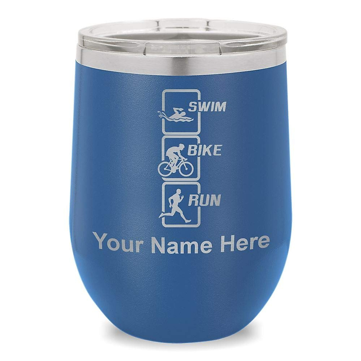 SkunkWerkz Wine Glass Tumbler, Swim Bike Run Vertical, Personalized Engraving Included (Dark Blue)