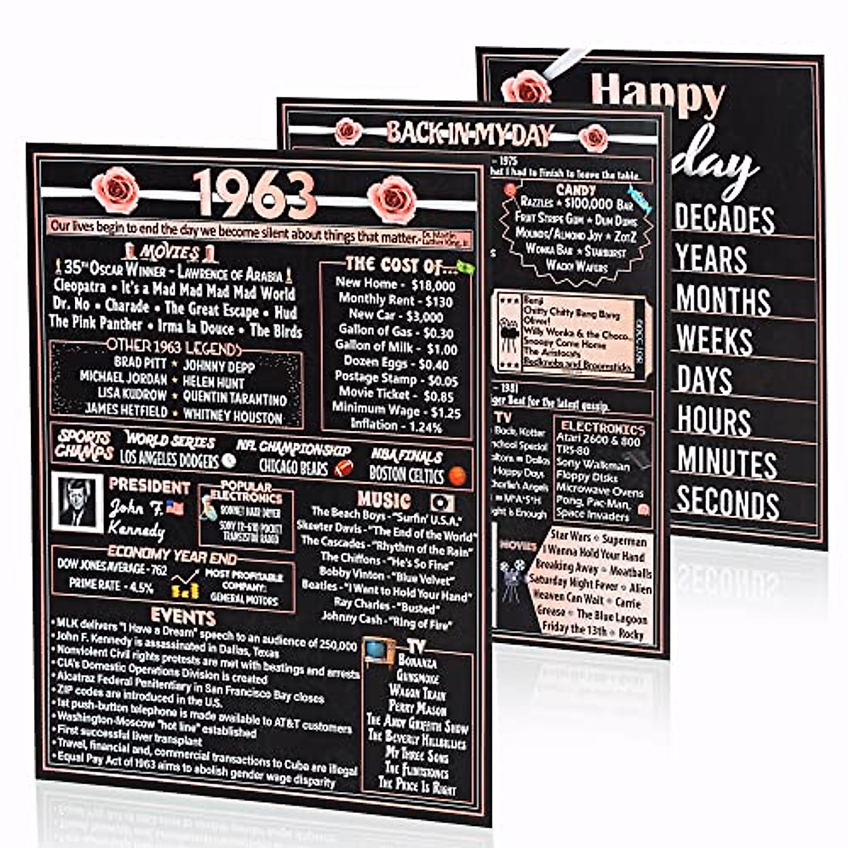 VAPARA DESIGNS 60th Birthday Decorations For Women - 3 Pack of Fun, Artistic 11x14 Rose Gold Birthday Posters - 60th Birthday Gifts For Women - 60 Years Ago - Back In 1963