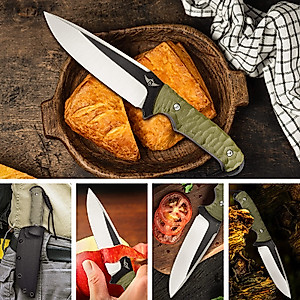 KOMWERO Fixed Blade Knife with Kydex Sheath, 4.52" Blade D2 Steel, Full Tang Knife with Green G10 Handle, Outdoor Hunting Camping Knife for Survival Hiking Bushcraft Fishing