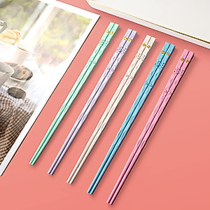 HELERKOL 5 Pairs Fiberglass Multicolor light color Chopsticks Carved Gold Glitter Patch Chopsticks Reusable Non-Slip Lightweight Chinese Japanese Korean Chopsticks Dishwasher Safe, 9.6 Inch long