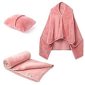 Mellowdy Shawl Blanket Pillow 2-in-1 for Office, Work from Home (Blossom Pink, 40x60) - Wearable Adult Swaddle Snuggle Coat Poncho, Airplane Travel Blanket Set, Fleece Shoulder Wrap for Men and Women