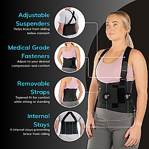 BraceAbility Work Back Brace - Industrial Lower Back Pain Protection Belt for Men and Women, Construction, Moving, Warehouse Jobs - Removable Suspender Shoulder Straps for Heavy Lifting Safety (L)