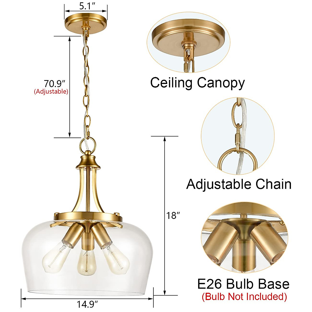 TEENYO Modern Gold Pendant Light Mid Century 3-Light Clear Glass Pendant Lighting with Adjustable Chain Brass Glass Pendant Lights Kitchen Island for Dining Room Bedroom Living Room
