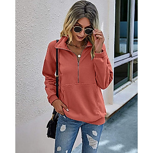 PRETTYGARDEN Women’s Casual Long Sleeve Lapel Zipper Sweatshirt Drawstring Loose Pullover Tops Orange Red