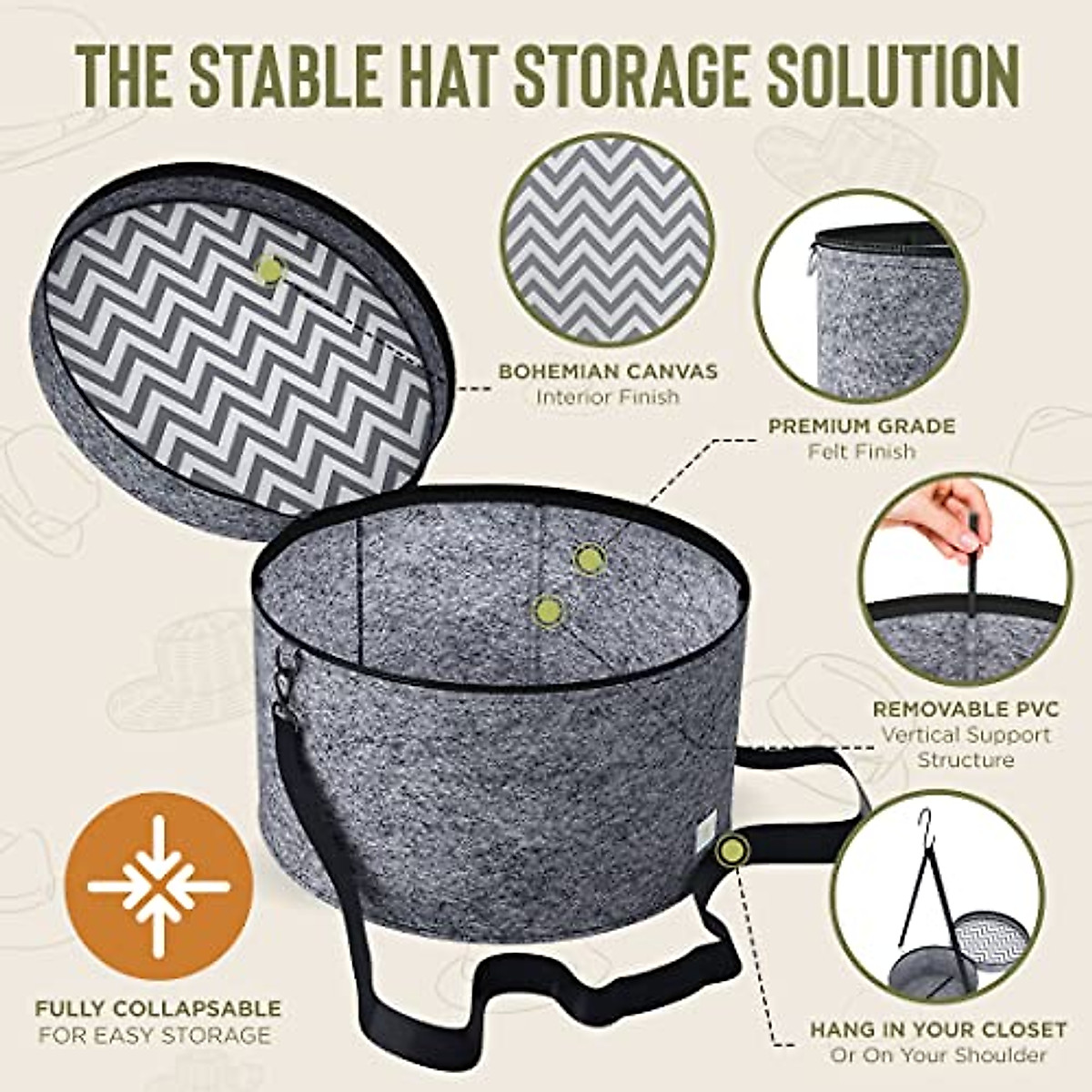 Hat Storage Box to Protect & Store Hats - Hat Travel Case w/Stability Poles - Cowboy Hat Box for Travel w/Hanging Strap & S Hook – Felt, Bohemian Canvas Fabric Hat Boxes for Men & Women
