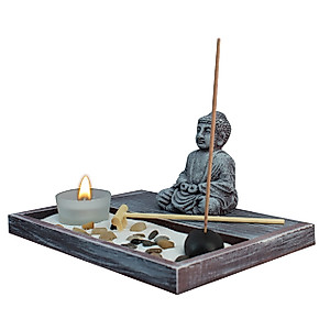 Zen Garden Deluxe Desk Meditation Garden Grey Buddha Statue with Rocks, Tea Light Holder, Rake, Incense and Incense Holder, Sand and Base - Peace & Tranquility (Candle Not Included)