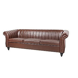 EMKK 84inch 3 Seater Sofa Modern Upholstered Couch Faux Leather Sofá for Living Room, Rolled Arm Chesterfield Small Spaces,Bedroom,Apartment,Dorm,Office, Dark Brown 84''