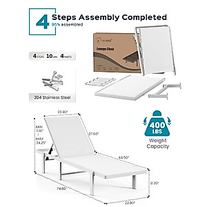 Aluminum Chaise Lounge Chair Outdoor, Patio Lounge Chair with Adjustable 5-Position Recliner and Full Flat Tanning Chair for Patio, Beach, Pool, White