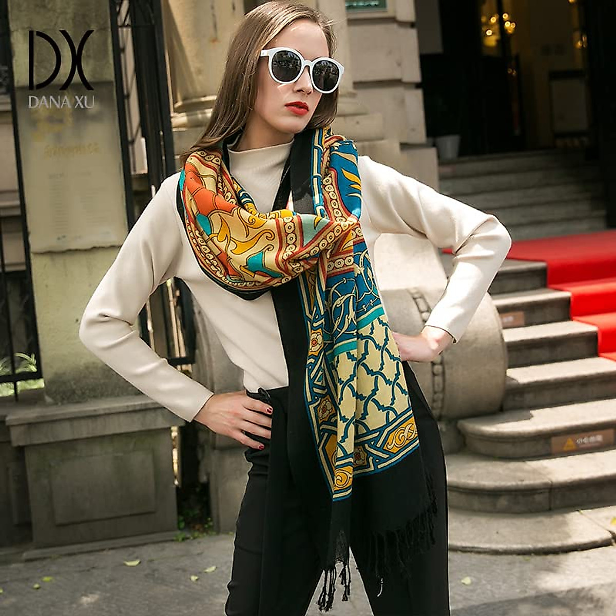 DANA XU 100% Merino Wool Extra Large Pashmina Blanket Travel Scarf Cashmere Wrap for Women Fall Winter Oversize Shawl Floral