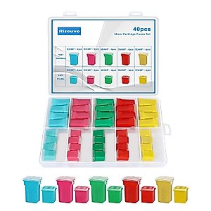 Riseuvo 40 Pcs Car Cartridge Fuses - Automotive Jcase Fuses Assortment Kit Low Profile and Tall/Standard Box Shaped Fuses 20A 30A 40A 50A 60A for RV, SUV, Cars, Boats