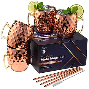 Copper Mugs Moscow Mule Set Of 4 - 18oz Moscow Mule Mugs - Stainless Steel Lining Pure Copper Plated Moscow Mule Cups - Diamond Hammered Design - Moscow Mule Cups Set Of 4 With Straws And Straw Brush