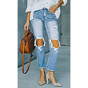 MINGALONDON Ladies Ripped Mom Jeans High Waisted Distressed Stretchy Boyfriend Denim Pants Light Blue L