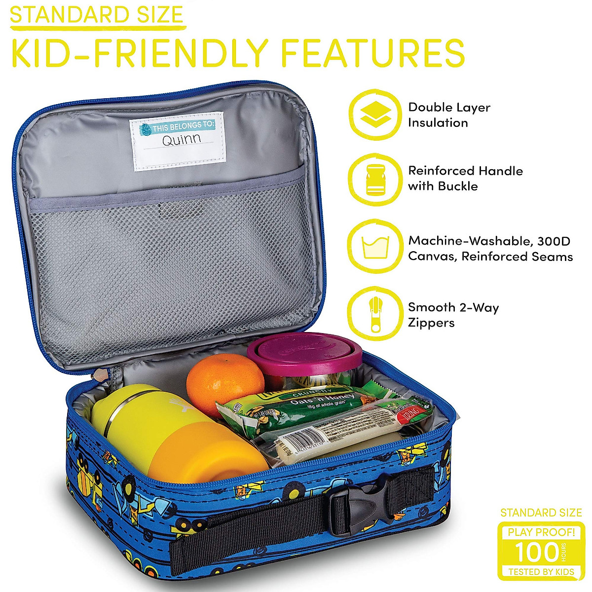 Lone Cone Kids' Insulated Lunch Box - Fun Patterns for Boys and Girls, Construction Monsters, Standard