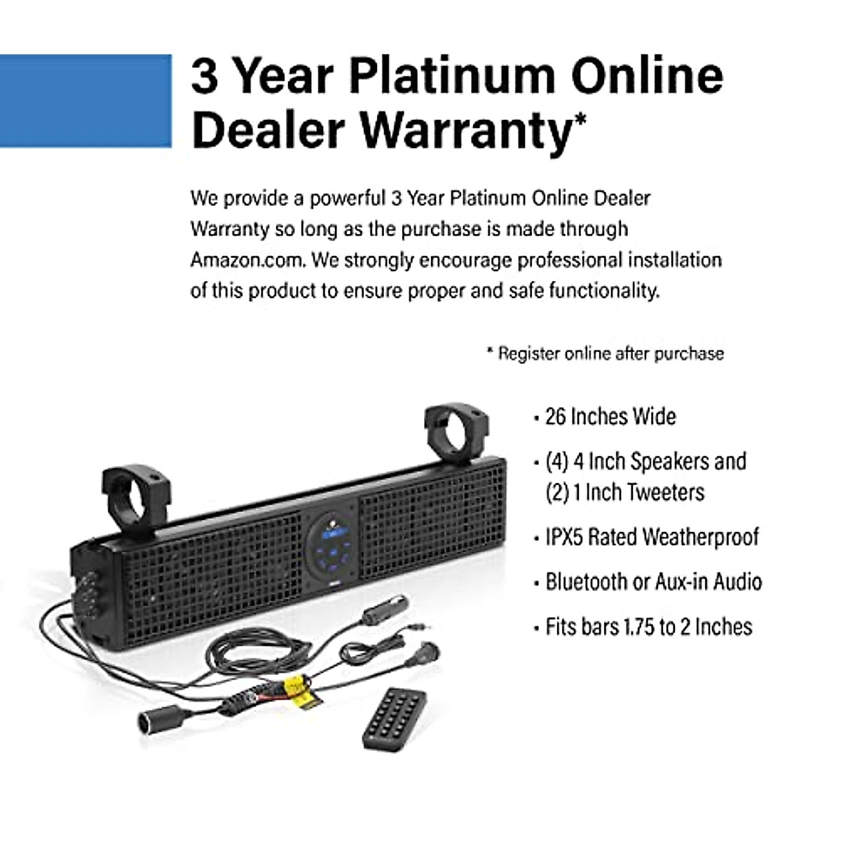 Planet Audio PSX26 ATV UTV Sound Bar System - 26 Inches Wide, IPX5 Weatherproof, Bluetooth Audio, USB, Amplified, Aux-in, 4 Inch Speakers, 1 Inch Tweeters, Easy Installation for 12 Volt Vehicles