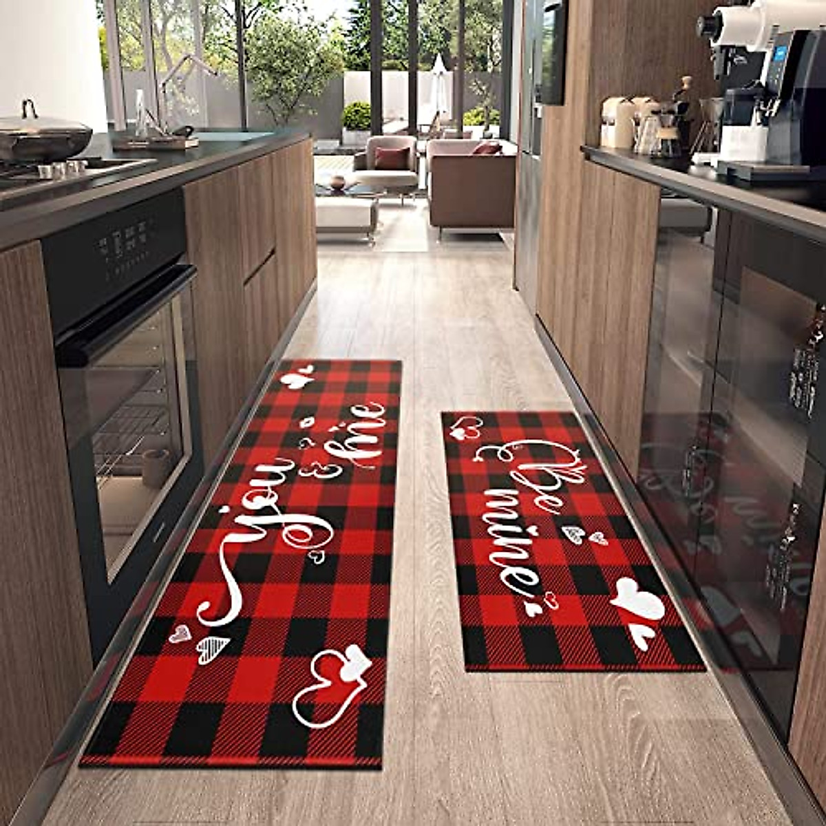 Xsinufn Valentines Day Kitchen Mat Set 2 Piece,Valentines Day Buffalo Plaid Decorative Kitchen Rugs,Valentines Hearts Low-Profile Kitchen Mats for Home Kitchen (17"x48"+17"x30" Be Mine)