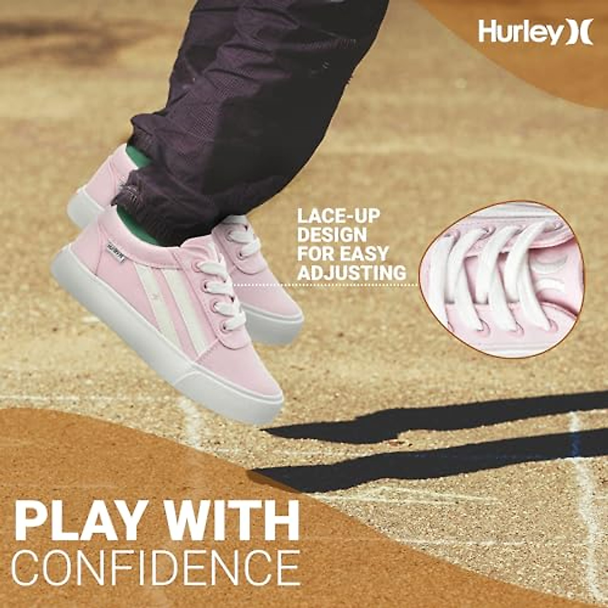 Hurley Boardy Kids Lace Up Canvas Sneakers – Low Cut Skateboarding Shoes for Kids, Sports Shoes for Boys and Girls, Pink White