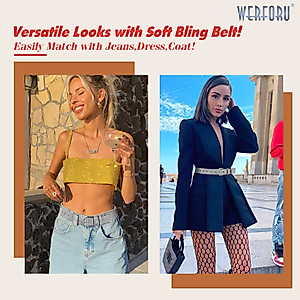 WERFORU Women Bling Rhinestone Soft Jeans Dress Belt Shiny Crystal Waist Belt with Silver Buckle, Black, 39.4" Length,Fit Size 27"-31"