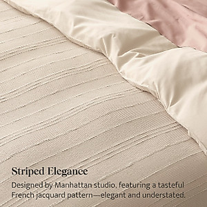 Double Stitch Striped Textured Duvet Cover Set, Smooth Breathable Cotton Tencel Blend, King Size Comforter Cover, Ultra Soft Luxury Bedding Set, 1 Duvet Cover 106" x 90", 2 Shams, Textured Sandstone