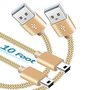 Mini USB Cable【10ft 2Pack】,SIOCEN Long Type A Male to Mini-B Charger Cord for GoPro Hero 3+,Canon PowerShot/Rebel/EOS/DSLR Camera,Braided PS3 Controller Charging Wire for Garmin Nuvi,Dash Cam