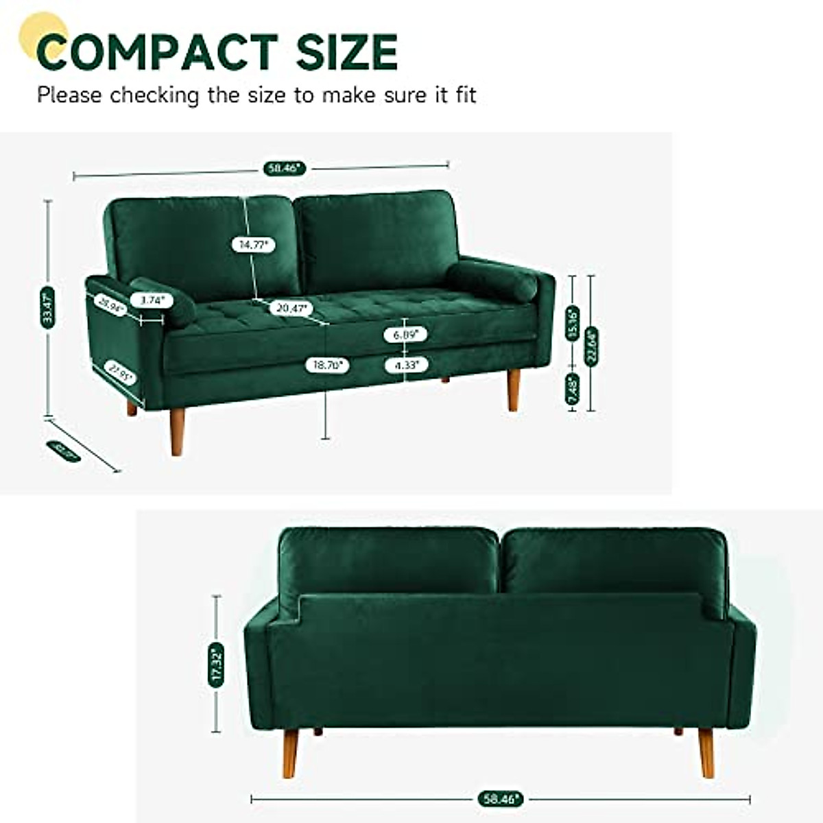 Vesgantti 58 inch Loveseat Sofa, 2 Seater Sofa for Small Space, Button Tufted Green Velvet Couch with 2 Pillows, Mid Century Modern Couch w/Armrest, Small Couches for Living Room, Bedroom, Apartment