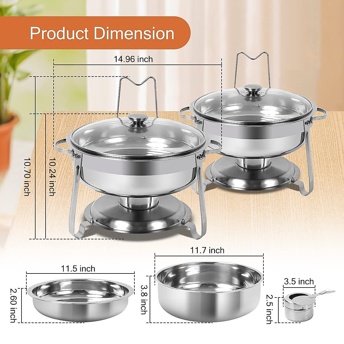 BriSunshine 3 Packs Round Chafing Dish Buffet Set, 4 QT Stainless Steel Chafing Dishes with Glass Lid & Lid Holder, Catering Food Warmers for Parties Buffet Weddings Events