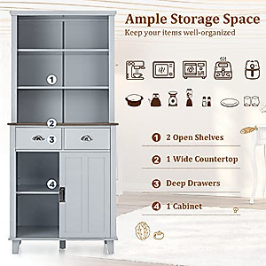 LOKO 67” Kitchen Pantry Storage Cabinet, Freestanding Buffet Sideboard with 3 Open Shelves, Microwave Countertop, 2 Pull-Out Drawers & Sliding Door Cabinet, Kitchen Hutch for Dining Room (Grey)