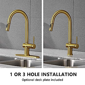 YardMonet Brushed Gold Kitchen Faucet with Pull Down Sprayer, Modern Gold Kitchen Sink Faucet Single Hole with 10" Deck Plate, Single Handle Pull Out Kitchen Faucets for Sink