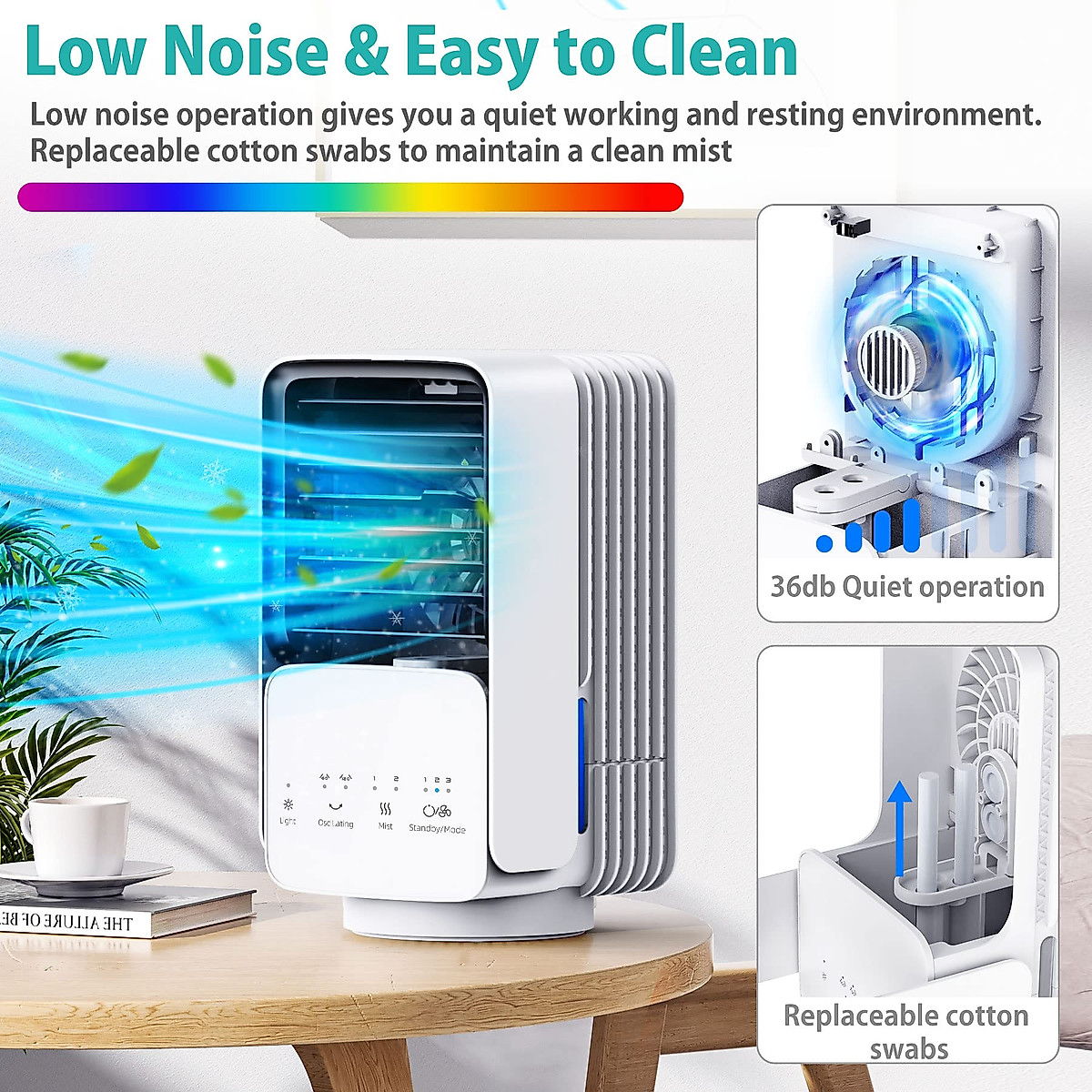 Portable Air Conditioner Fan, Evaporative Air Cooler, USB Personal Desktop Cooling Fan with 3 Speeds, LED Light, 120°Oscillation, 2 Mist Adjustments as Humidifier, Small Air Cooler for Room, Bedroom