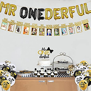 Mr Onederful 1st Birthday Decorations Kit - Wonderful Cake Cupcake Topper, Onederful Balloons, First Birthday Photo Banner for Little Man/Bow Tie 1st Birthday Boy Baby Shower Party Supplies Decor