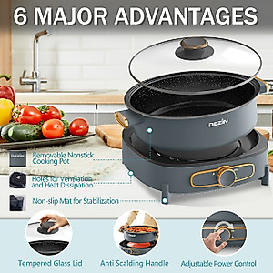 Dezin Electric Shabu Shabu Pot with Removable Pot, 5L Non-Stick Hot Pot Electric with Multi-Power Control, 3.7" Depth Electric Pot with Tempered Glass Lid for Party, Family and Friend Gathering