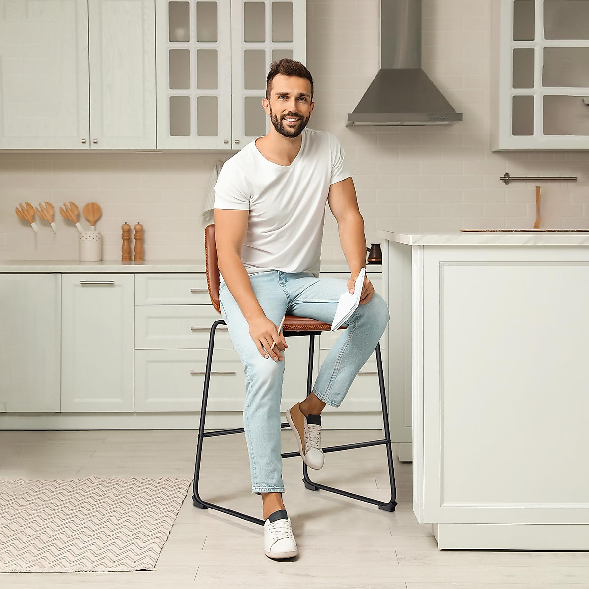 DUMOS 26 Inch Counter Height Bar Stools Set of 2, Modern Faux Leather High Barstools with Back and Metal Leg, Bar Chairs for Kitchen lsland, Brown