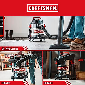 Craftsman CMXEVBE17155 10 Gallon 6.0 Peak HP Stainless Steel Wet/Dry Vac, Portable Shop Vacuum with Attachments