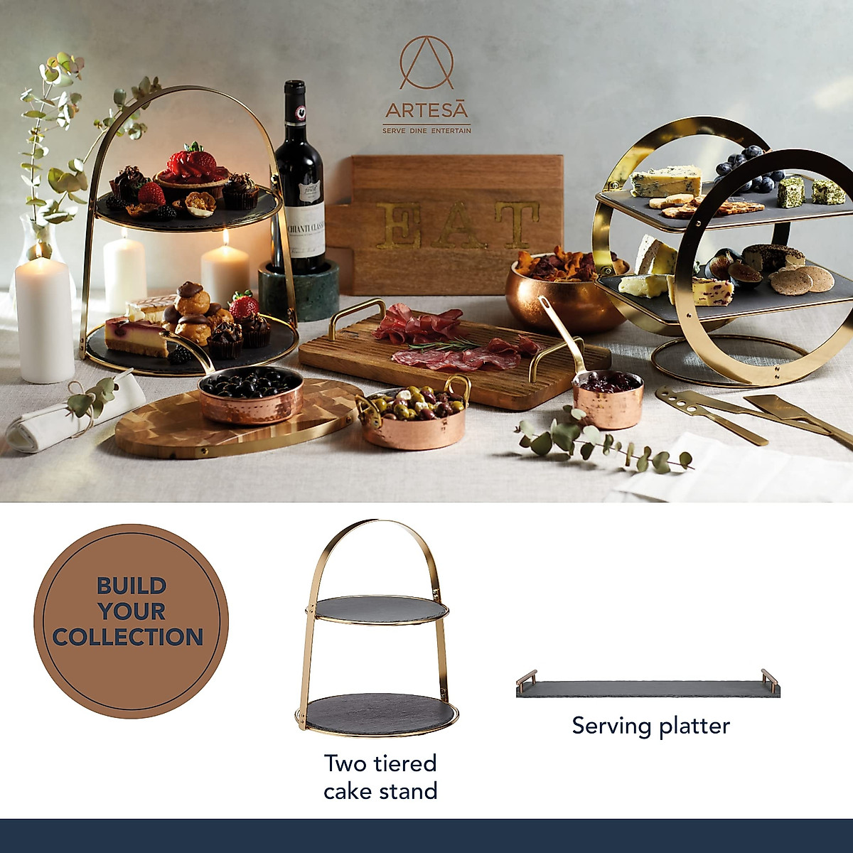 Artesa ARTPLATTERCOP KitchenCraft Slate Serving Tray/Platter with Copper Finish Handles, 60 x 15 cm