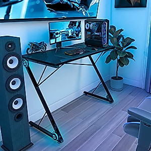 Z-Shaped Computer Desk PC Gaming Table, Black Desk with LED Lights, Home Office Work Desk for Small Spaces