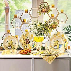 AURORAPARTY 120pcs Classic Winnie Bear Baby Shower or Birthday Party Supplies Baby Shower Plates Napkins Cups Gender Neutral Baby Shower Decoration Tableware Set Serves 24 Guests