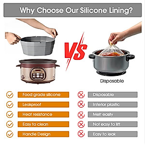 Slow Cooker Liners Compatible for Crock Pot 4-5 QT, Reusable Silicone Divider Insert, Leakproof & Dishwasher Safe, BPA Free, 3 PCS Bundle, Black