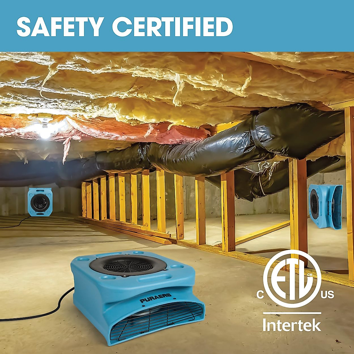 PURAERO Low Profile Air Mover Carpet Dryer Blower Floor Fan | 1/4 HP 1,100 CFM | for Crawlspaces, Attics, Basements, Bathrooms| Water Damage Restoration, Grow Rooms | PA-250-LP | Blue