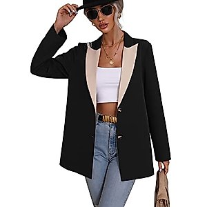 WDIRARA Women's Colorblock Lapel Button Front Long Sleeve Work Office Jacket Blazer Black M
