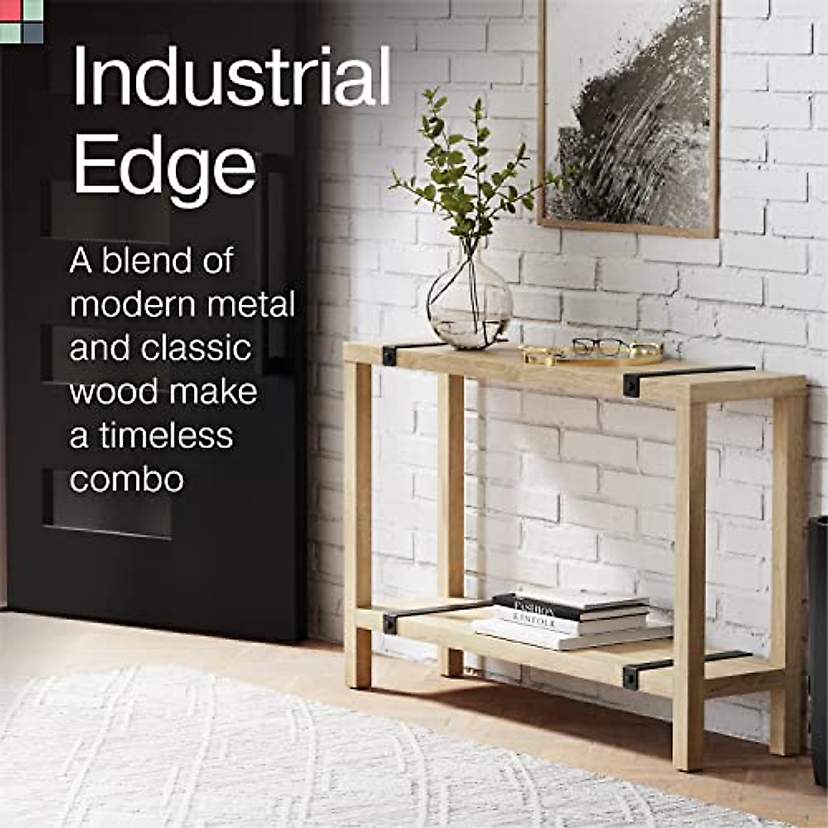 Modern Farmhouse Wood Entryway Table – Skinny Console Table with Storage – Entry Table with Metal Details – Narrow Sofa Table - Living Room Furniture – Modern Home Décor (White Washed Oak)