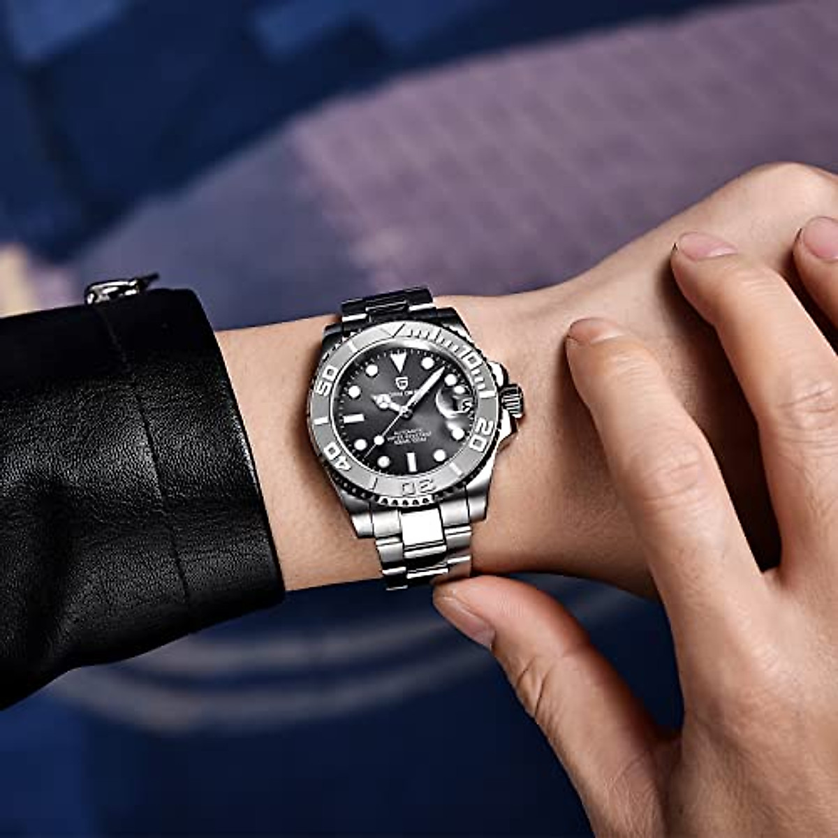 Mens Watches Pagani Design 1651 Wrist Watch for Men Automatic Mechanical NH35 Movement 100M Water Resistant Sapphire Glass Ceramic Bezel Stainless Steel Watch (White Grey)