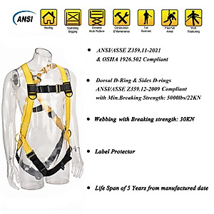WELKFORDER 3D-Ring Industrial Fall Protection Safety Harness ANSI/ASSE Z359.11-2021 Compliant Full Body Personal Protection Equipment 3-Point Adjustment Universal 310 lbs