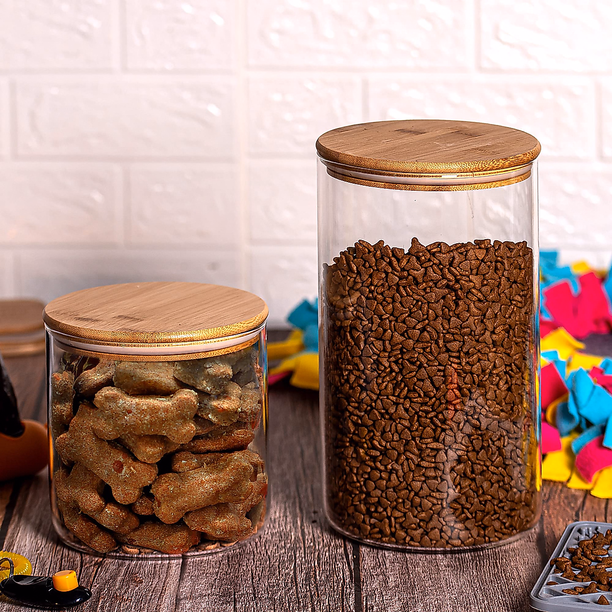 Laramaid 73oz 2Pack Glass Jar Canisters with Minimalist Labels, Round Pantry Jars with Bamboo Lids, Vinyl Customized Labels and White Pen, Food Storage Containers for Home, Kitchen and Pantry