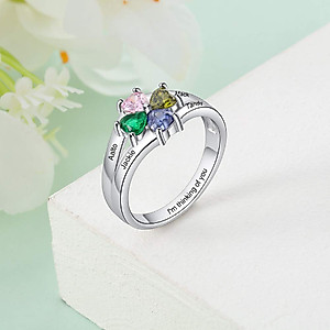Personalized Mothers Ring with 4 Heart Simulated Birthstones and 4 Names Customized Family Rings for Women Promise Rings for Her (Size 8)