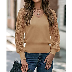 MEROKEETY Women's V Neck Lace Long Sleeve Ribbed Knit Sweater Solid Color Pullover Tops
